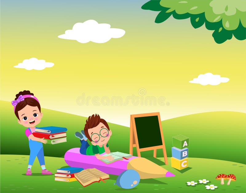 Cute Happy Boy and Girl Reading a Book Stock Vector - Illustration of ...