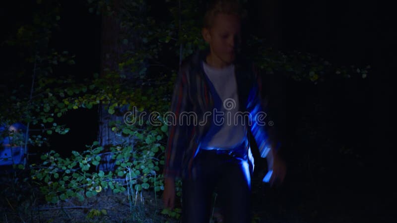 Cute Happy Boy Holding Flashlight and Dancing in Forest at Night Stock ...
