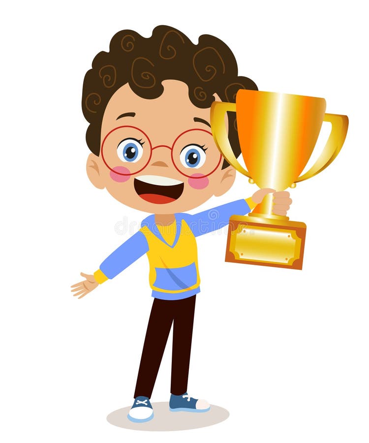 Cute Happy Boy Holding Golden Trophy Stock Illustration - Illustration ...