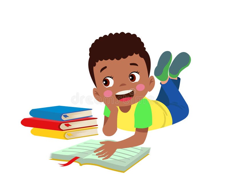Cute Happy Little Boy Reading a Book Stock Vector - Illustration of ...