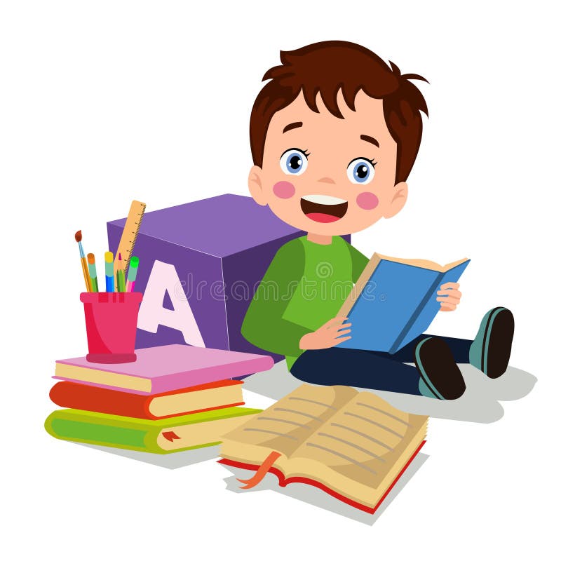 Cute Happy Boy Reading a Book Stock Vector - Illustration of cartoon ...