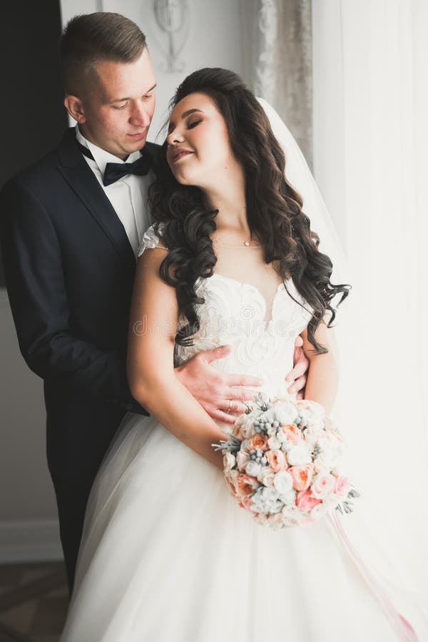 Cute Happy Bride and Groom Preparing for Wedding Stock Photo - Image of ...