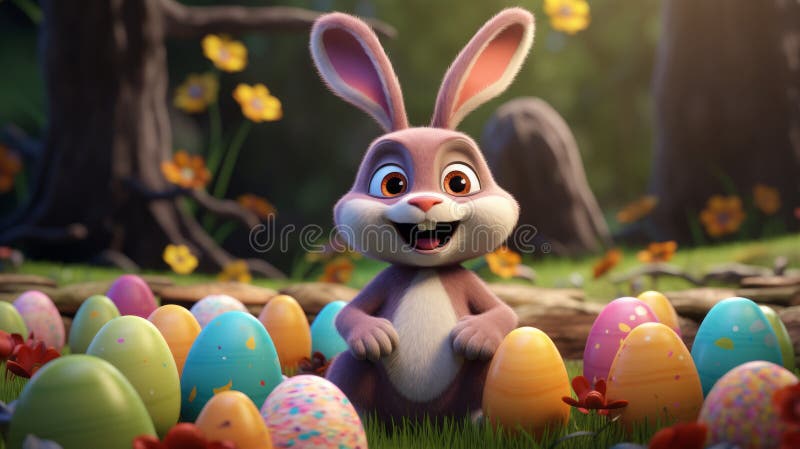 Cute and Happy Cartoon Pink Easter Rabbit in the Middle of Many Painted ...