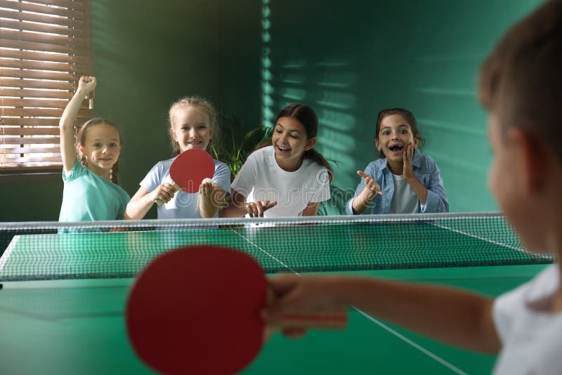 Cute Happy Children Playing Ping Pong Indoors Stock Photo - Image of ...