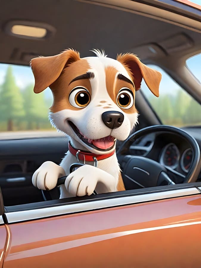 Cute Happy Dog Driving Car Having Fun Stock Illustration - Illustration ...
