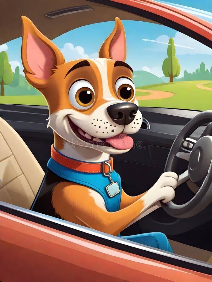 Cute Happy Dog Driving Car Having Fun Stock Illustration - Illustration ...