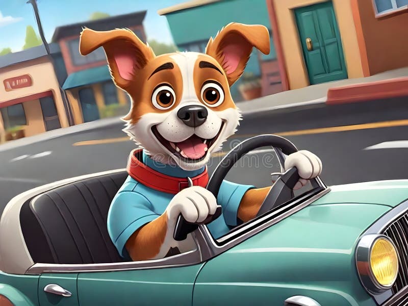 Cute Happy Dog Driving Car Having Fun Stock Illustration - Illustration ...