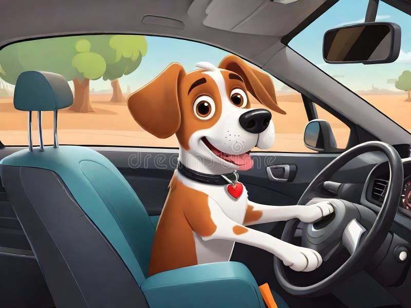 Cute Happy Dog Driving Car Having Fun Stock Illustration - Illustration ...
