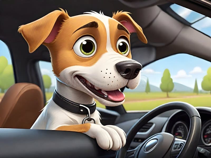 Cute Happy Dog Driving Car Having Fun Stock Illustration - Illustration ...