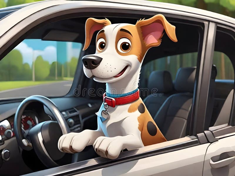 Cute Happy Dog Driving Car Having Fun Stock Illustration - Illustration ...