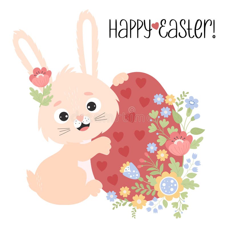 Cute Happy Easter Bunny with Easter Egg and Flowers. Vector ...