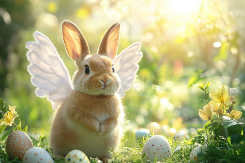 Cute Happy Easter Bunny with White Angel Wings, with Easter Eggs in ...