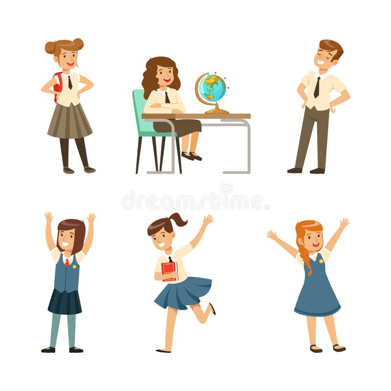 Cute Happy Elementary School Students in Uniform Set. Back To School ...