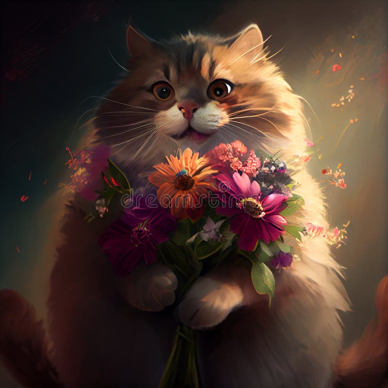 Cute Happy Fluffy Cat with Spring Flowers Generative AI Stock ...