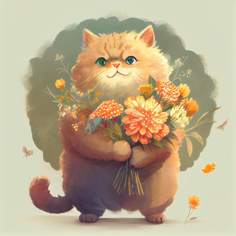 Cute Happy Fluffy Cat with Spring Flowers Generative AI Stock ...