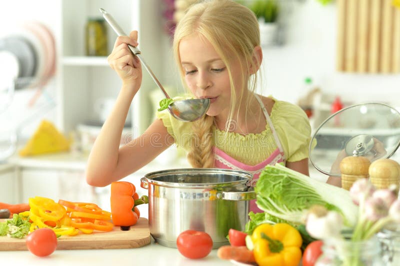 Cute Happy Girl Coocking Soup on Kitchen Stock Photo - Image of cabbage ...