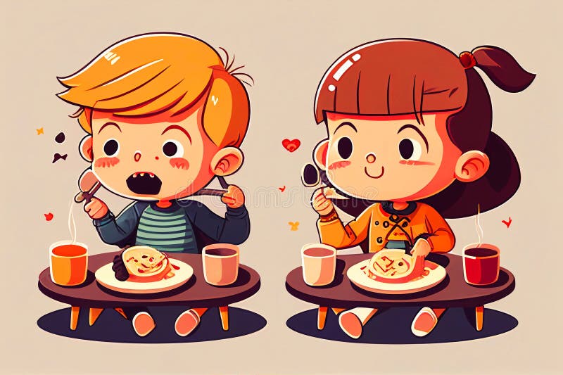 Cute Happy Kids Eat Dinner. Stock Image - Image of aigenerated, kiwi ...