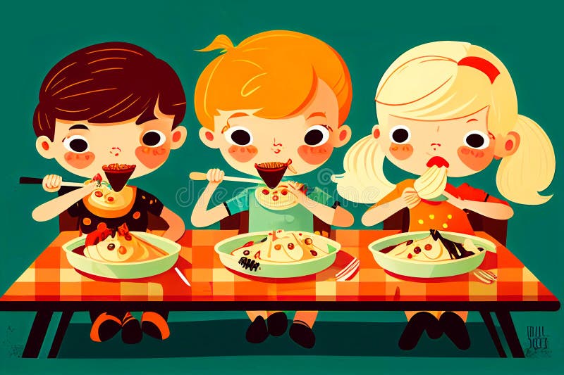 Cute Happy Kids Eat Dinner. Stock Illustration - Illustration of lunch ...