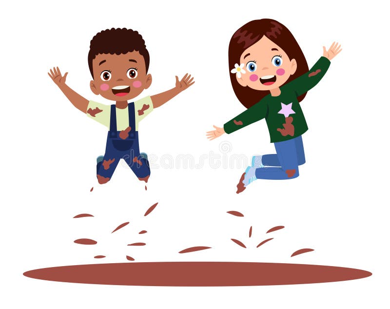 Cute Happy Kids Jumping in Mud Stock Illustration - Illustration of ...