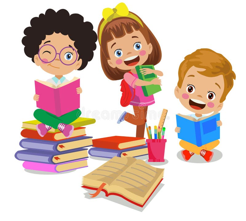 Cute Happy Kids Reading Book Stock Illustration - Illustration of ...