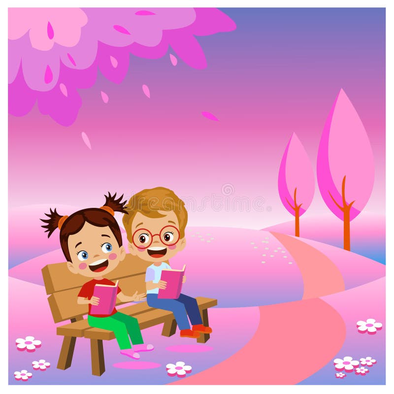 Cute Happy Kids Reading Book Stock Illustration - Illustration of ...