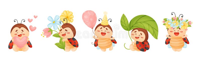 Cute Ladybug Character with Spotted Wings Vector Set Stock Illustration ...