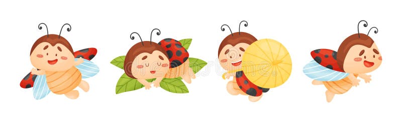 Cute Happy Ladybug with Spotted Wings Vector Set Stock Vector ...