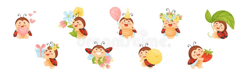 Cute Ladybug Character with Spotted Wings Vector Set Stock Illustration ...