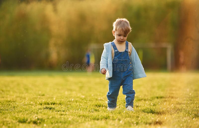 Cute Happy Little Boy is on the Field Outdoors Stock Illustration ...