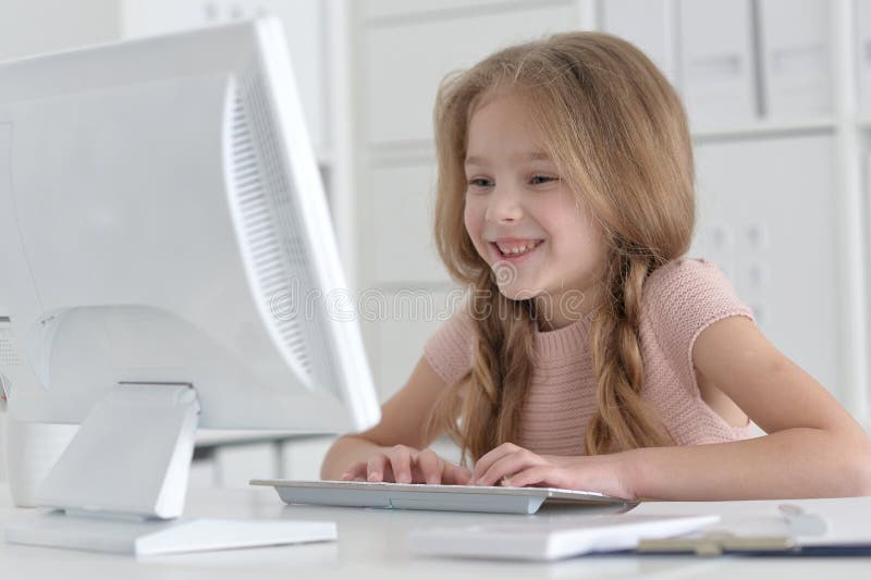 Cute and Happy Little Girl Children Using Laptop Computer Stock Image ...