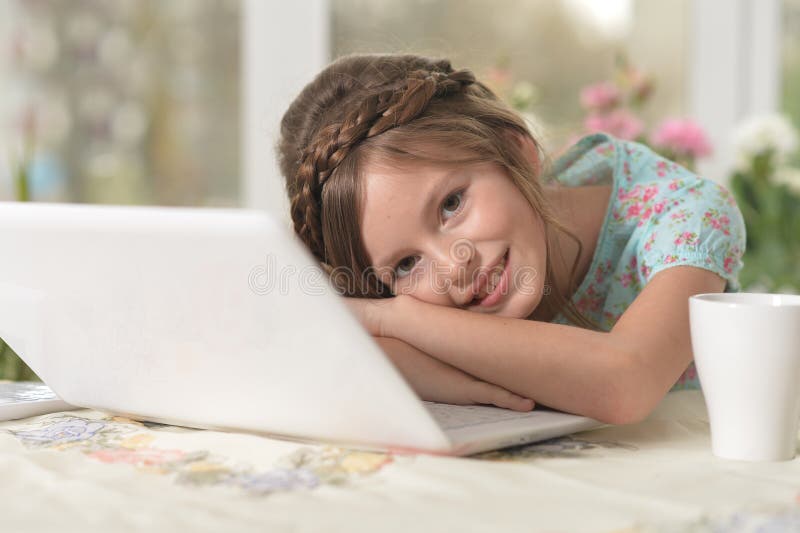 Cute and Happy Little Girl Children Using Laptop Computer Stock Image ...