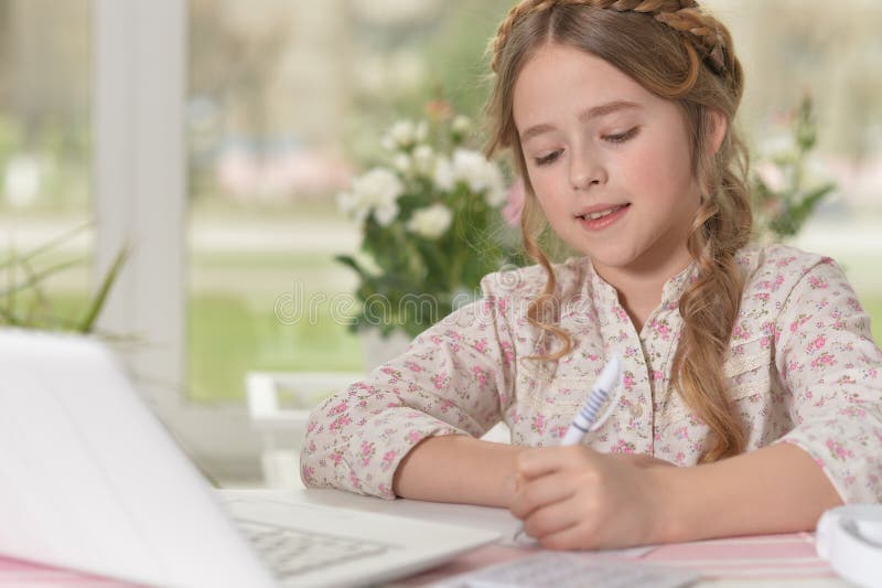 Cute and Happy Little Girl Children Using Laptop Computer Stock Image ...