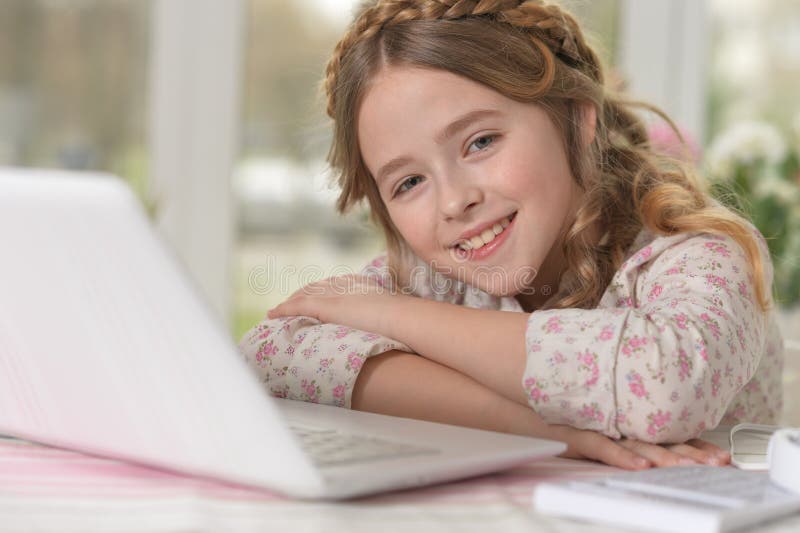 Cute and Happy Little Girl Children Using Laptop Computer Stock Image ...