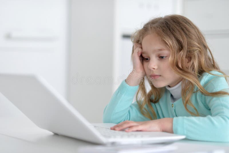 Cute and Happy Little Girl Children Using Laptop Computer Stock Image ...