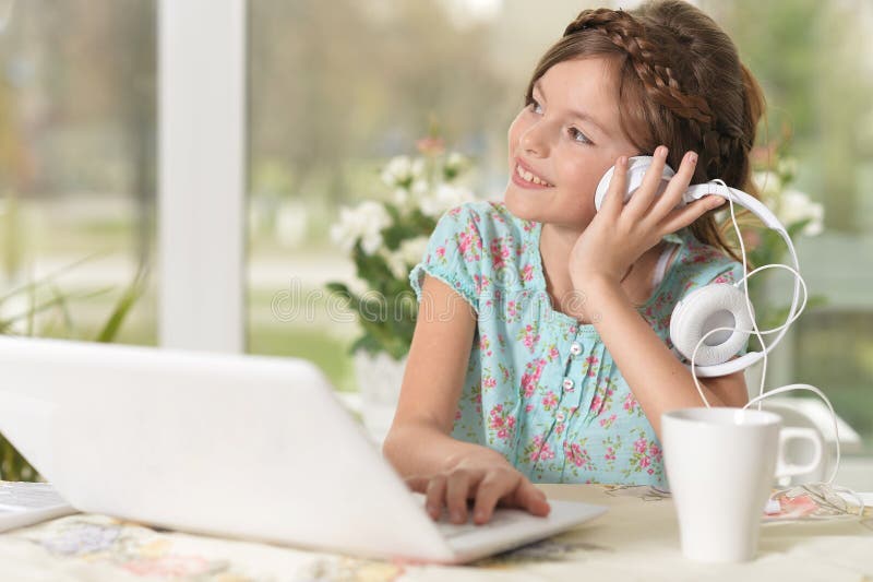 Cute and Happy Little Girl Children Using Laptop Computer Stock Image ...