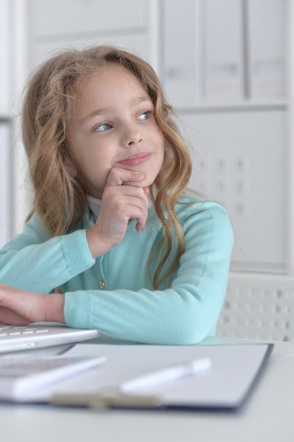 Cute and Happy Little Girl Children Using Laptop Computer Stock Image ...