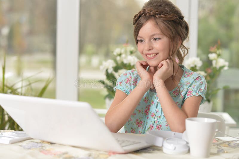 Cute and Happy Little Girl Children Using Laptop Computer Stock Image ...