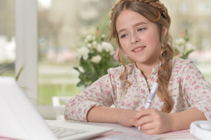 Cute and Happy Little Girl Children Using Laptop Computer Stock Photo ...