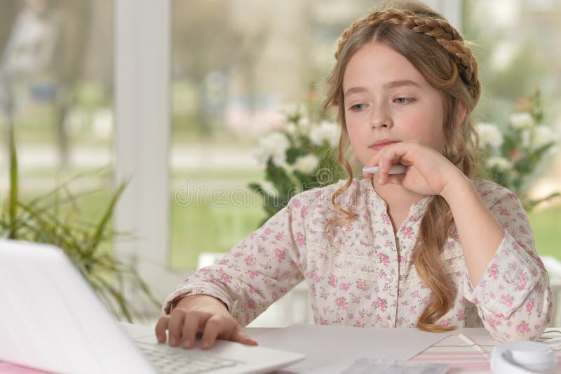 Cute and Happy Little Girl Children Using Laptop Computer Stock Photo ...