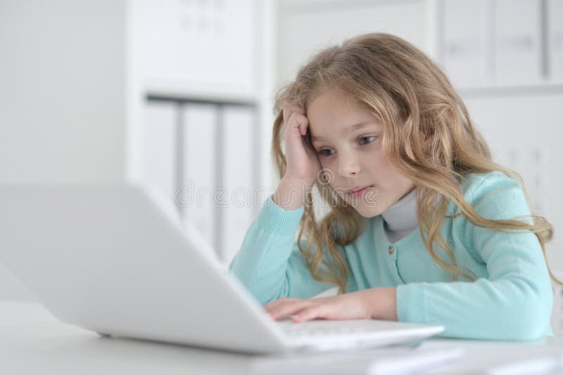Cute and Happy Little Girl Children Using Laptop Computer Stock Photo ...