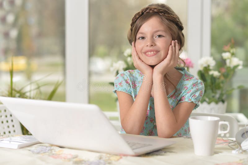 Cute and Happy Little Girl Children Using Laptop Computer Stock Image ...