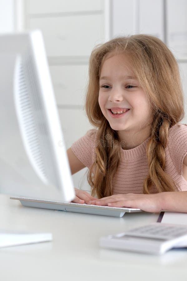 Cute and Happy Little Girl Children Using Laptop Computer Stock Image ...