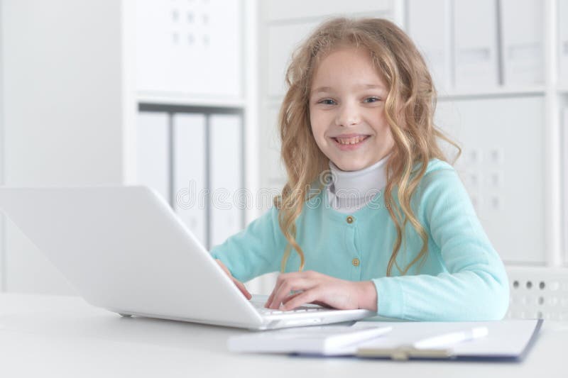 Cute and Happy Little Girl Children Using Laptop Computer Stock Photo ...