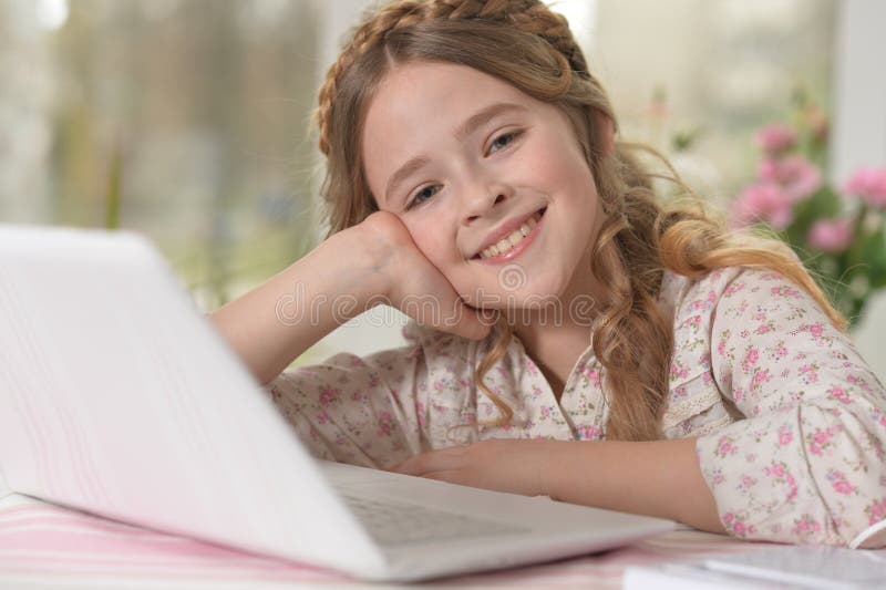 Cute and Happy Little Girl Children Using Laptop Computer Stock Image ...