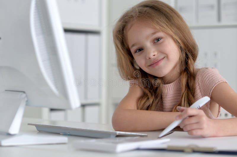 Cute and Happy Little Girl Children Using Laptop Computer Stock Photo ...