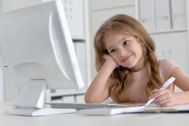 Cute and Happy Little Girl Children Using Laptop Computer Stock Image ...
