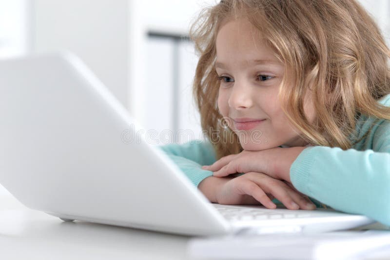 Cute and Happy Little Girl Children Using Laptop Computer Stock Image ...