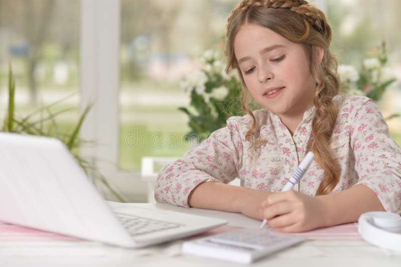 Cute and Happy Little Girl Children Using Laptop Computer Stock Image ...
