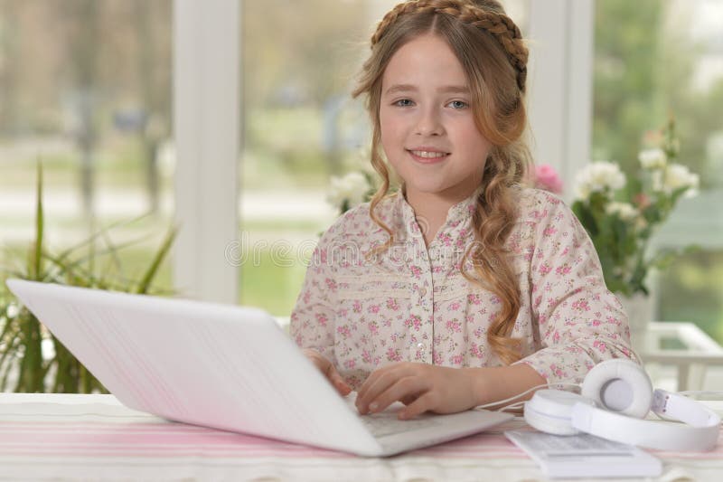 Cute and Happy Little Girl Children Using Laptop Computer Stock Image ...