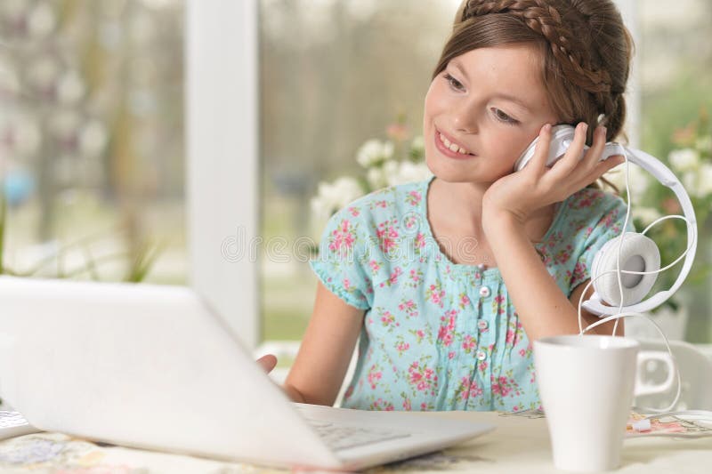 Cute and Happy Little Girl Children Using Laptop Computer Stock Image ...